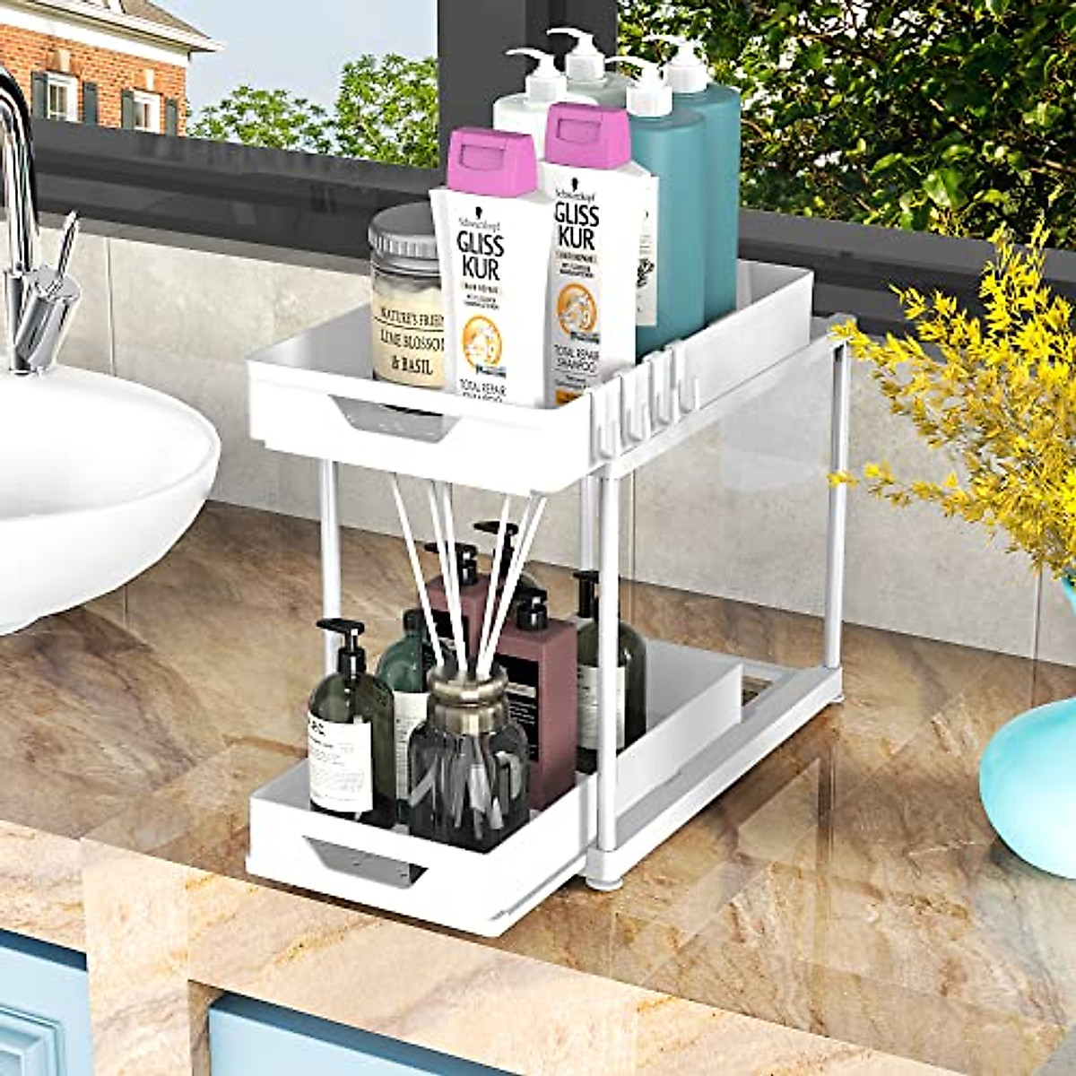 Under Sink Organizers and Storage 2 Pack, Pull-out Large Capacity Under Bathroom and Kitchen Cabinet Storage Drawer Organizer with Hooks, Multi-purpose Under Sink Shelf Organizer, White