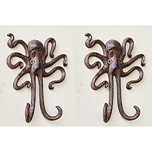 Set of 2 Octopus Wall Storage Hanging Hook Rustic Antique Nautical Decoration Cast Iron 5.6 Inches Long By 5.5 Inches Wide By 1 Inch Deep.