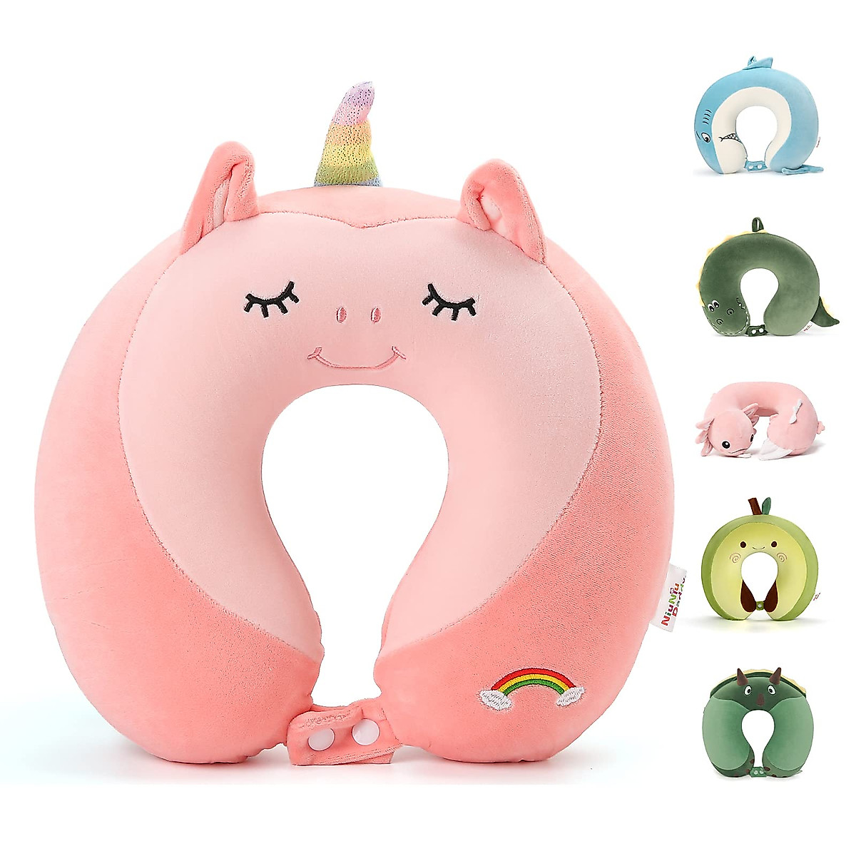 Niuniu Daddy Neck Pillow for Traveling, Pure Memory Foam Travel Neck Support Pillows for Airplane, Car Headrest Sleep - Age 8+ Children Kids Including Adults - Unicorn Travel Pillow