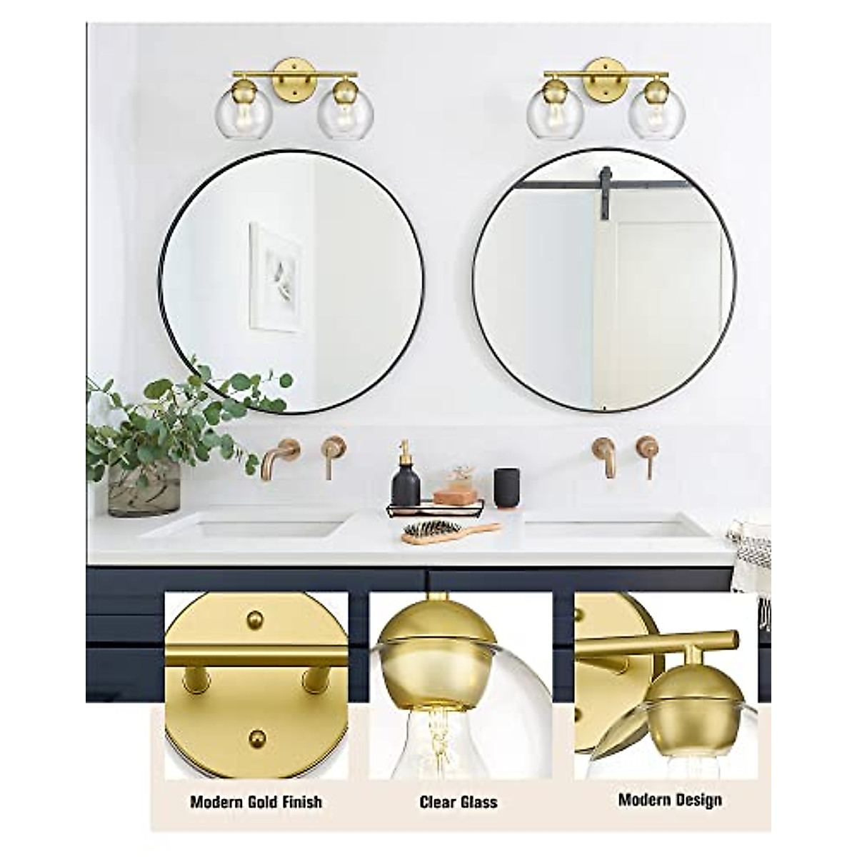 Emak 2-Light Gold Bathroom Light Fixtures Over Mirror, Globe Bathroom Vanity Light with Clear Glass Shades and Gold Finish, VL114-GD-2