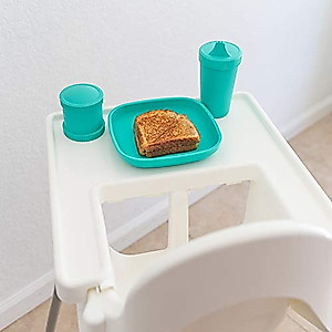 Re-Play -Made in USA - 5 Piece Toddler Feeding Set Flat Plate, Silicone Storage Lid, Utensils - Made from Environmentally Friendly Recycled Milk Jugs - Aqua