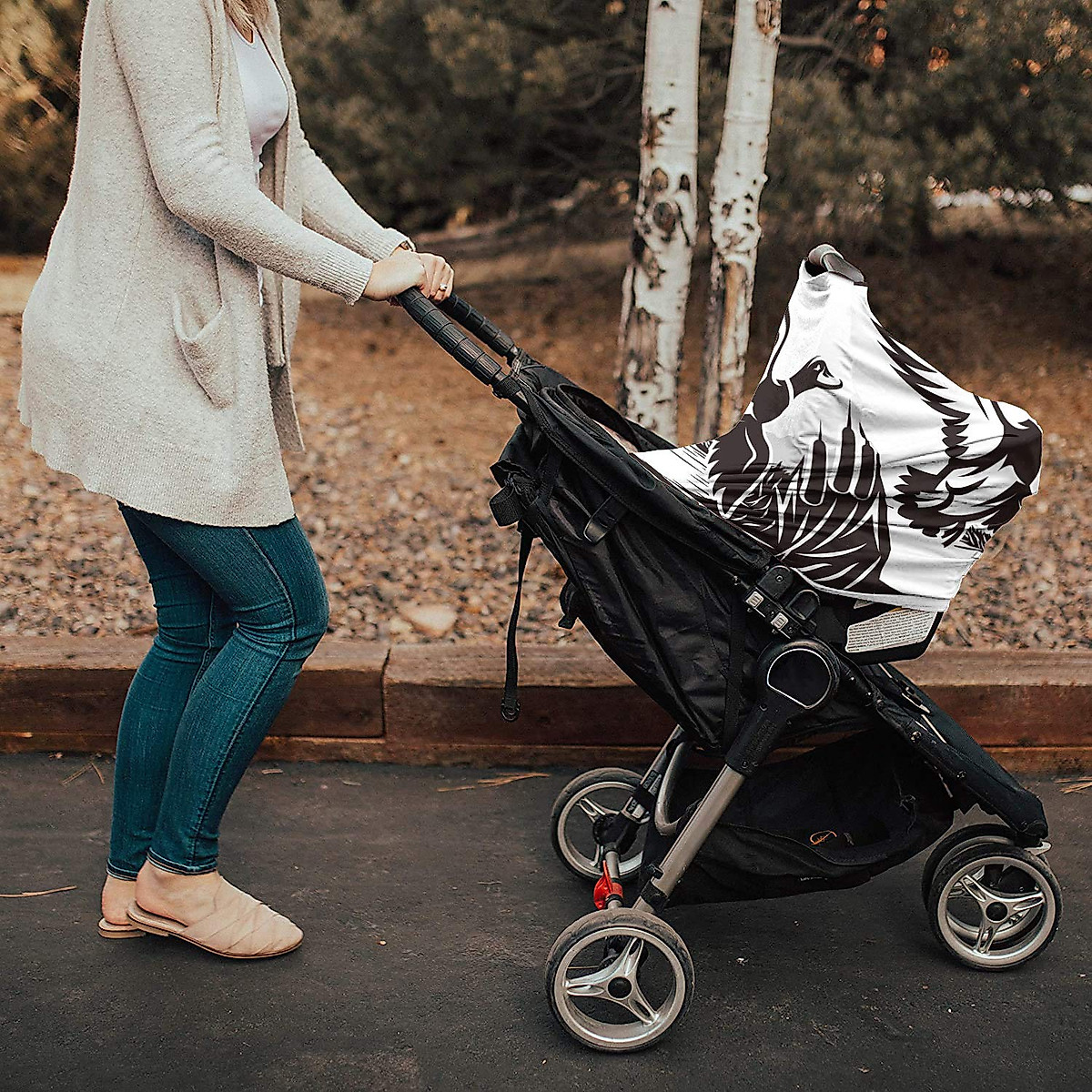 Car Seat Canopy Nursy Cover, Flying Duck Black and White Art Multi Use Breastfeeding Scarf for Infant Carseat Canopy, Stroller, Shopping Cart, Highchair