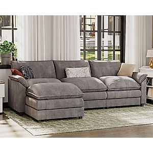 JUMMICO 119” Sectional Sofa Modern Deep Couch with Reversible Ottoman, L-Shaped Chenille Fabric Modular Sofa Sleeper Comfy for Living Room/Bedroom/Apartment (Grey, L Shaped Sofa)