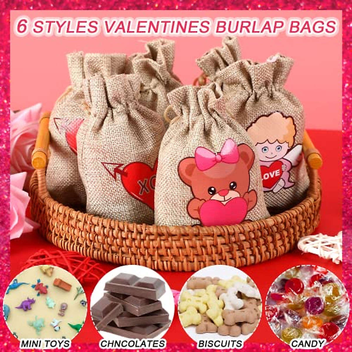 JUNEBRUSHS 42 Pack Valentines Burlap Bags, Small Valentine Gift Bags with Drawstring Valentine's Day Goodie Bags for Kids Baby Shower Wedding Party Favor Bags Heart Treat Candy Bags Fillers