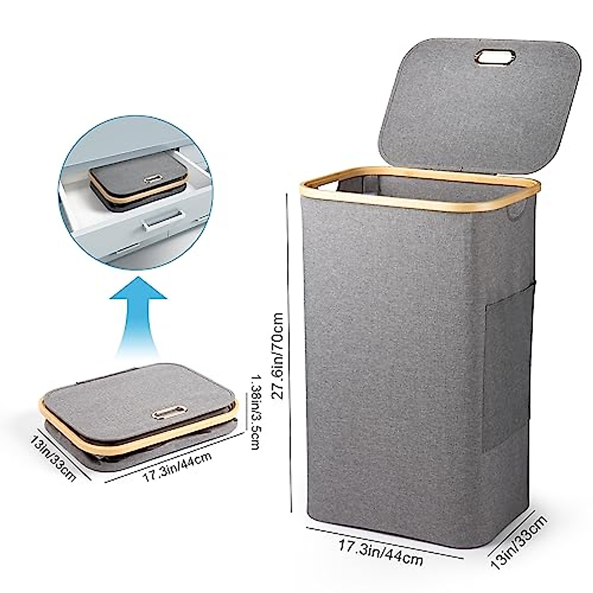 Laundry Hamper, Zekeson 100L Collapsible Laundry Basket with Lid and Handle, Clothes Basket Organizer with 2 Removable Inner Bags for Storage in Bedroom Bathroom Children's Room (Gray)