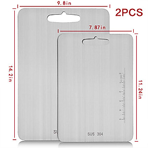 Atmama (14.2" x 9.8"and11.24" x7.87") Stainless Steel Cutting Board for Kitchen,SUS 304 Chopping Board for Meat,Fruit,Vegetables,Baby Food,Dishwasher Safe(2pcs)…
