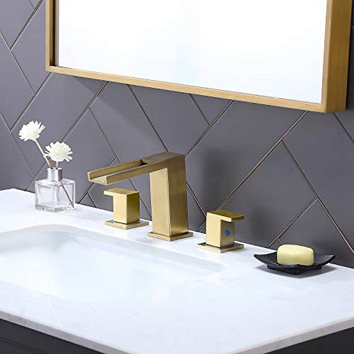 Ufaucet Modern Commercial 2 Handle 3 Hole Widespread Brushed Gold Waterfall Bathroom Faucet,8 inch Bathroom Vanity Sink Faucet with Hoses and Pop Up Drain