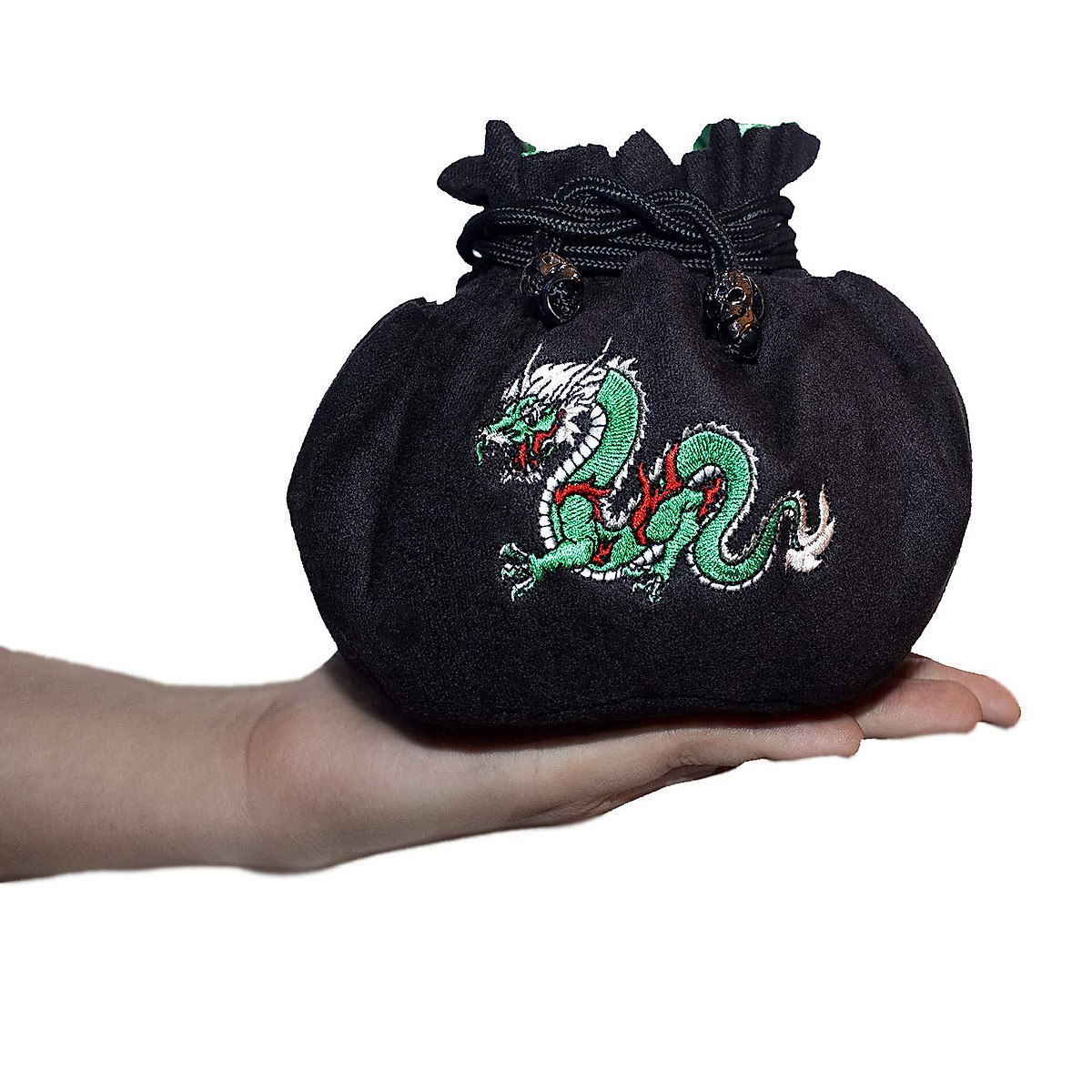 Large Dice Bag with Pockets – Embroidered Green Dragon DND Dice Bag | Green Satin Interior Lining | Man-Handles 150+ Dice