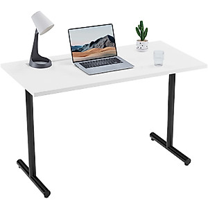 Sunon Home Office 47" Computer Desk Wood Writing Table with Cable Managemant, Black Metal Frame, White