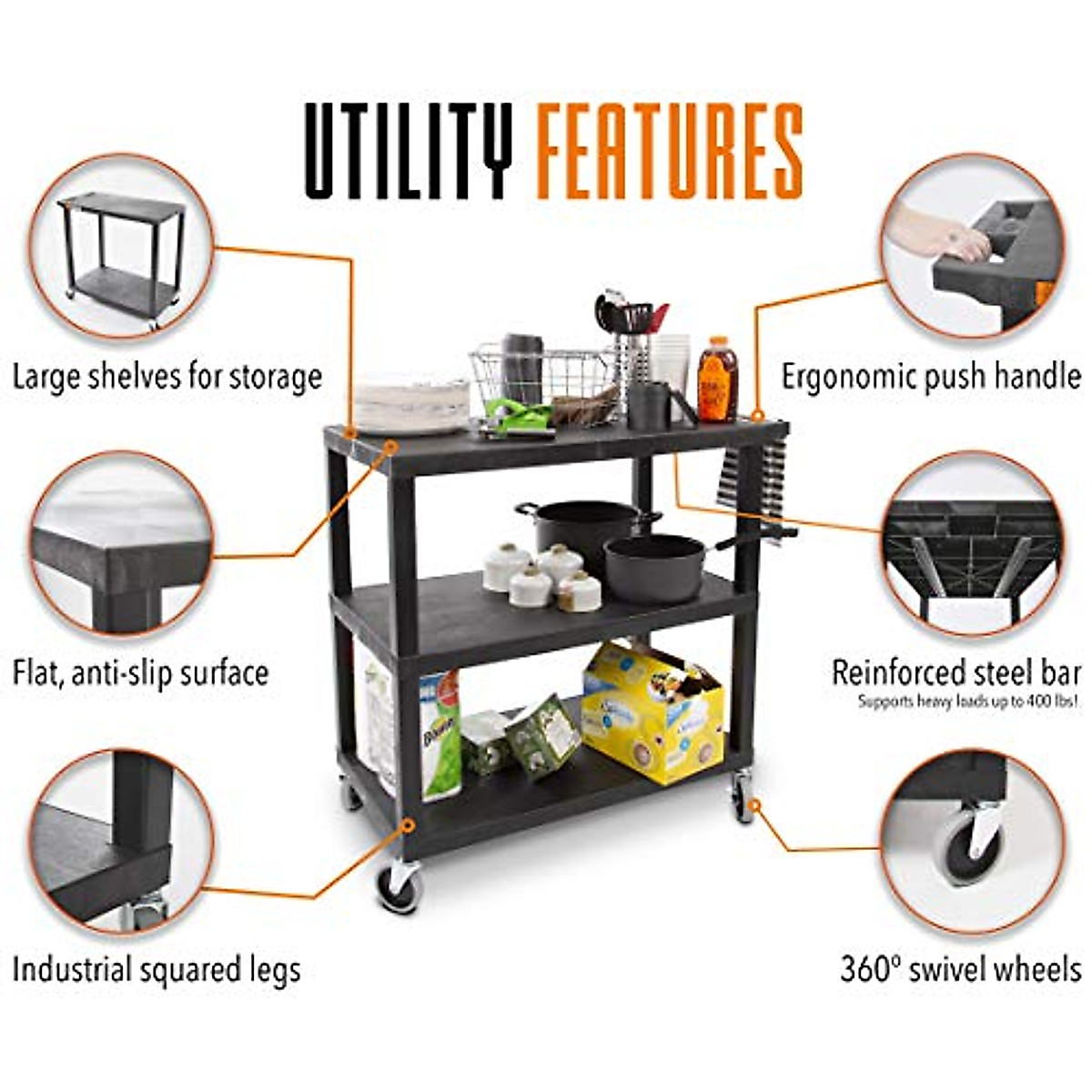 Stand Steady Flat Top Utility Cart by Tubstr | Heavy Duty Service Cart Supports 400 lbs. | Three Shelf Multipurpose Cart Perfect for Home, Garage, Catering, Warehouse & More! (Black / 35 x 18)