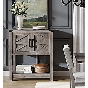 WAMPAT Modern Farmhouse Buffet Cabinet, Wood Sideboard with Cabinet & Open Storage for Living Room, Kitchen, Magnetic Door Catch, 5-Level Adjustable Shelf, Riveted Metal Braket, Wash Grey