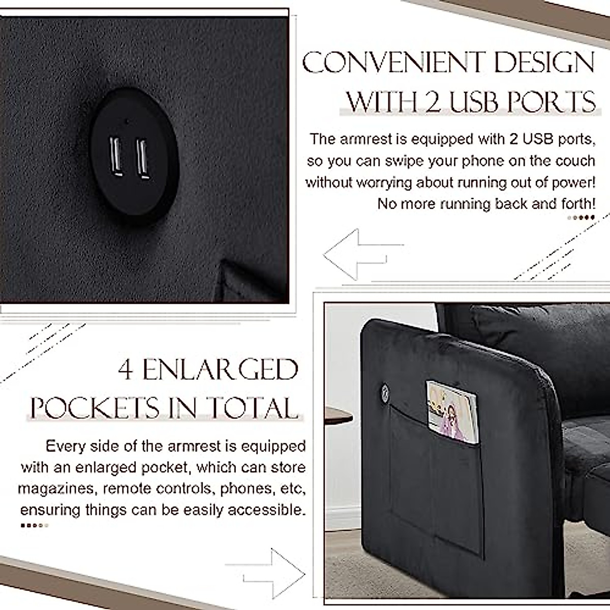 Velvet Pull Out Sleeper Sofa Bed with USB Ports, Convertible Futon Couch with Adjustable Backrest, 3 in 1 Modern Loveseat with 2 Pockets and Pillows, Small Love Seat for Living Room, Office, Black