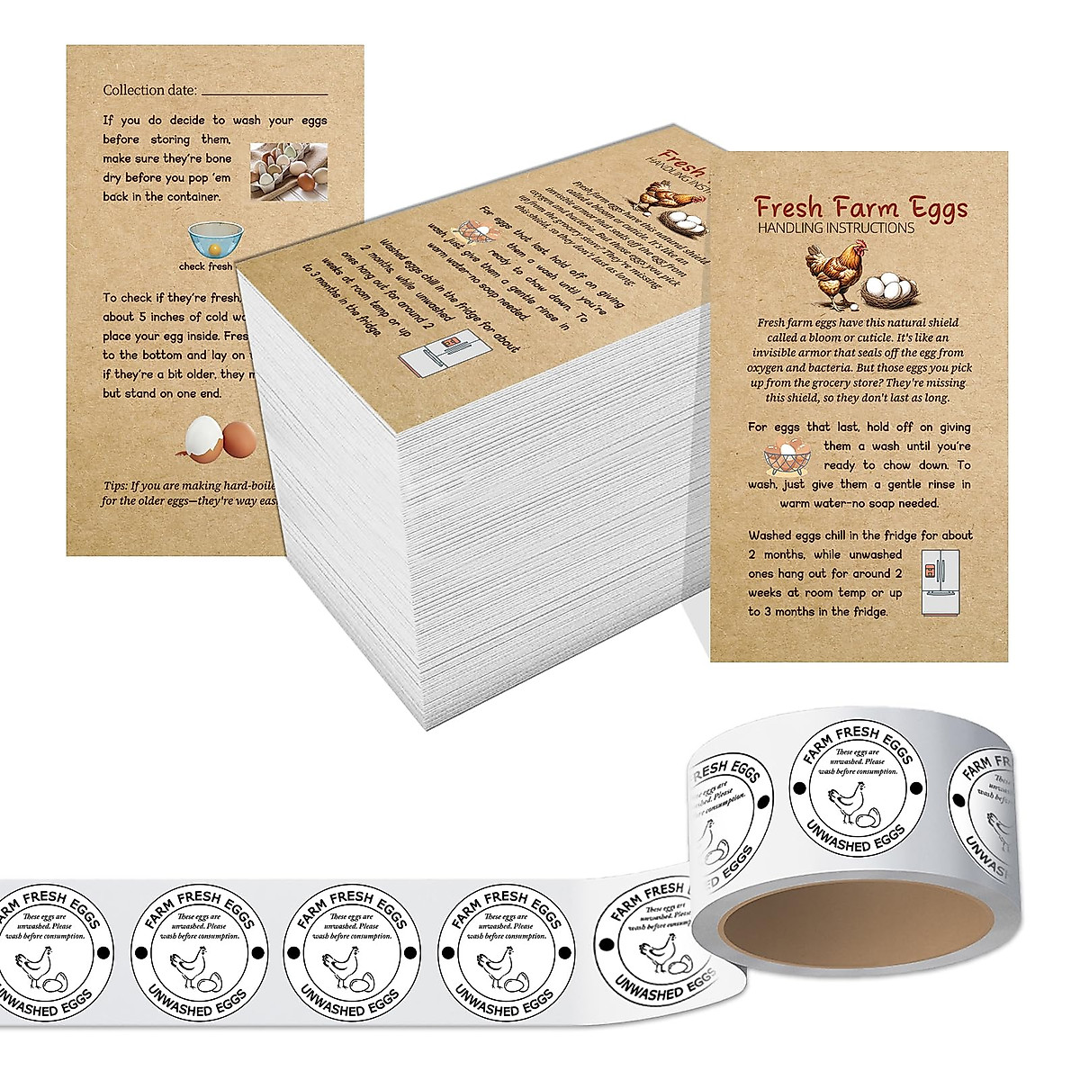 ZANHIX 200 Pcs Farm Fresh Eggs Handling Instructions and 500 Pcs Egg Cartons Labels, 2 x 3.5 Inches Egg Stamps for Fresh Eggs Card, 2 Inch Egg Carton Stickers for Fresh Eggs Sign