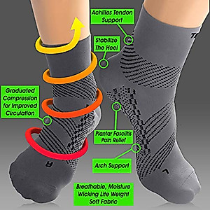 TechWare Pro Plantar Fasciitis Socks - Ankle Compression Socks Men & Women. Arch, Ankle & Foot Support Socks. (Gray Med)