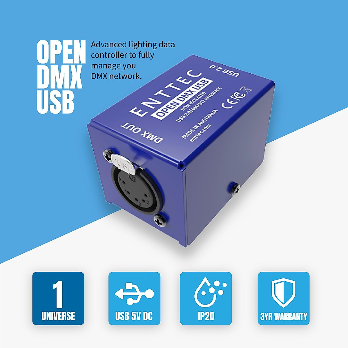 Enttec Open DMX USB 70303 Lighting Interface & SIRS-E 70029 5P Male to 3P Female Adapter (Bundle) - No Software Included - Open Source/Hardware Only/Entry Level Model for Beginners
