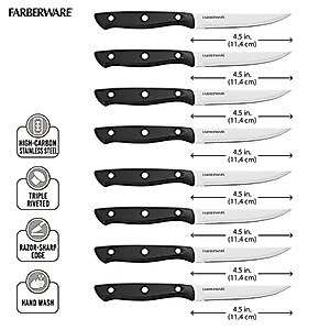 Farberware Full-Tang Triple-Riveted 8-Piece Steak Knife Set, High-Carbon Stainless Steel, Razor-Sharp Knives with Ergonomic Handle, Kitchen Knives, Set of 8, Black