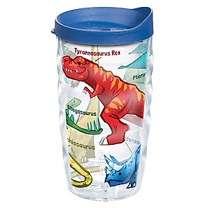 Tervis Made in USA Double Walled Dinosaurs Insulated Plastic Tumbler Cup Keeps Drinks Cold & Hot, 10oz Wavy - Blue Lid, Clear