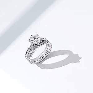 Amazon Essentials Platinum-Plated Sterling Silver Round Ring Set made with Infinite Elements Cubic Zirconia (1 Carat Center Stone), Size 7 (previously Amazon Collection)