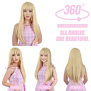 MUPUL Long Straight Wig With Bangs Blonde Barbie Wig Adult Halloween Costume Wigs For Women