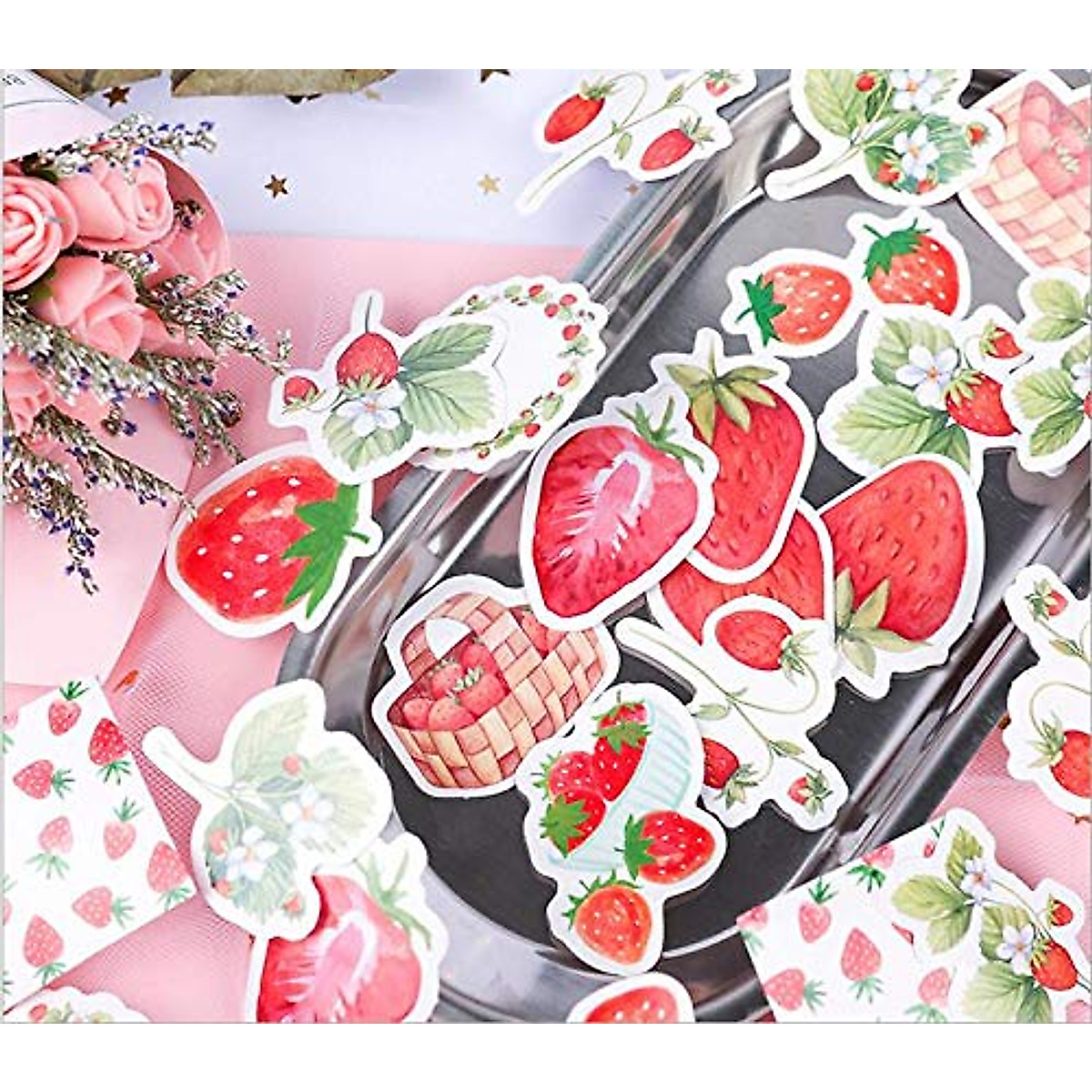 90PCS Small Cute Pink Strawberry Letter Stickers Decal Sticker Cardstock Stickers Photo Planner Stickers Korean Stationery Stickers Party Favors Kid' Stickers for DIY Arts and Crafts (Strawberry)