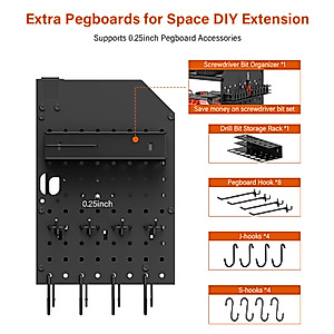 JUNNUJ Large Pegboard Power Tool Organizer with Charging Station, 8 Drills Driver and Tools Battery Holder Wall Mount with 8 Outlet Power Strip, Black 3-Layer Shop Garage Storage Utility Rack