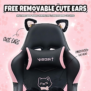 Vigosit Cute Gaming Chair with Cat Paw Lumbar Cushion and Cat Ears, Ergonomic Computer Chair with Footrest, Reclining PC Game Chair for Girl, Teen, Black Pink