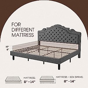 WEEWAY King Bed Frame with Tiara Curved Headboard and High Resilience, Linen Fabric Upholstered Diamond Button Tufted Platform Bed with Wood Slats/No Box Spring Needed/Easy Assembly/Dark Grey