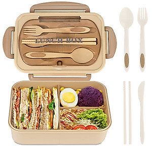 NatraProw Bento Box for Adult, 1200 ML Lunch Containers, LeakProof Lunch Box with Utensils, BPA Free, 3 Compartment Bento Box Microwave Safe, Khaki