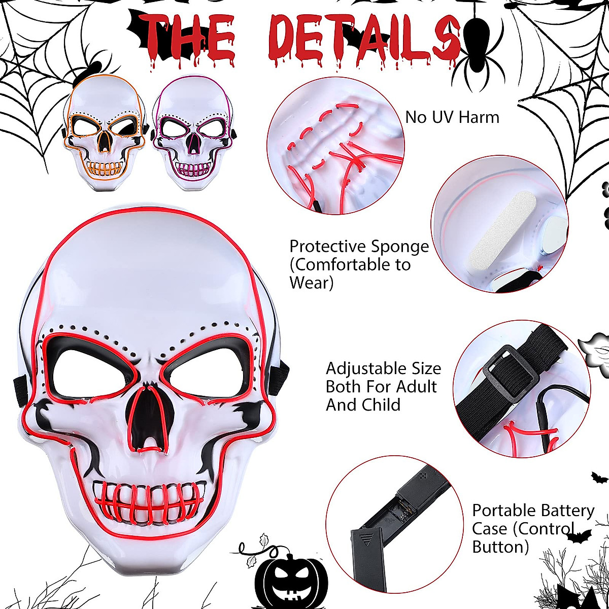 Lenwen 3 Pieces Halloween LED Mask Light up Scary Skull Face Cover Glowing Halloween Skull Cover for Cosplay Halloween Party Supplies Favor (Purple, Red, Orange), 9.6 x 6.7 inches