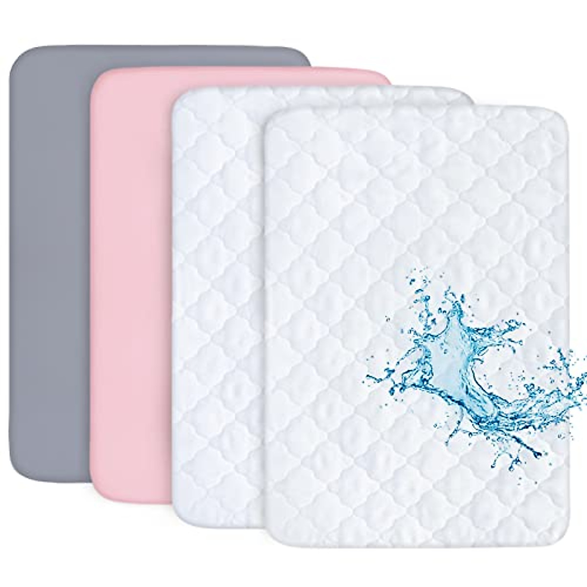Pack and Play Sheets and Waterproof Pack n Play Mattress Protector Pad Cover 4 Pack Set, Ultra Soft Pack n Play Mattresses Sheets Compatible with Graco Pack n Play, Grey&Pink