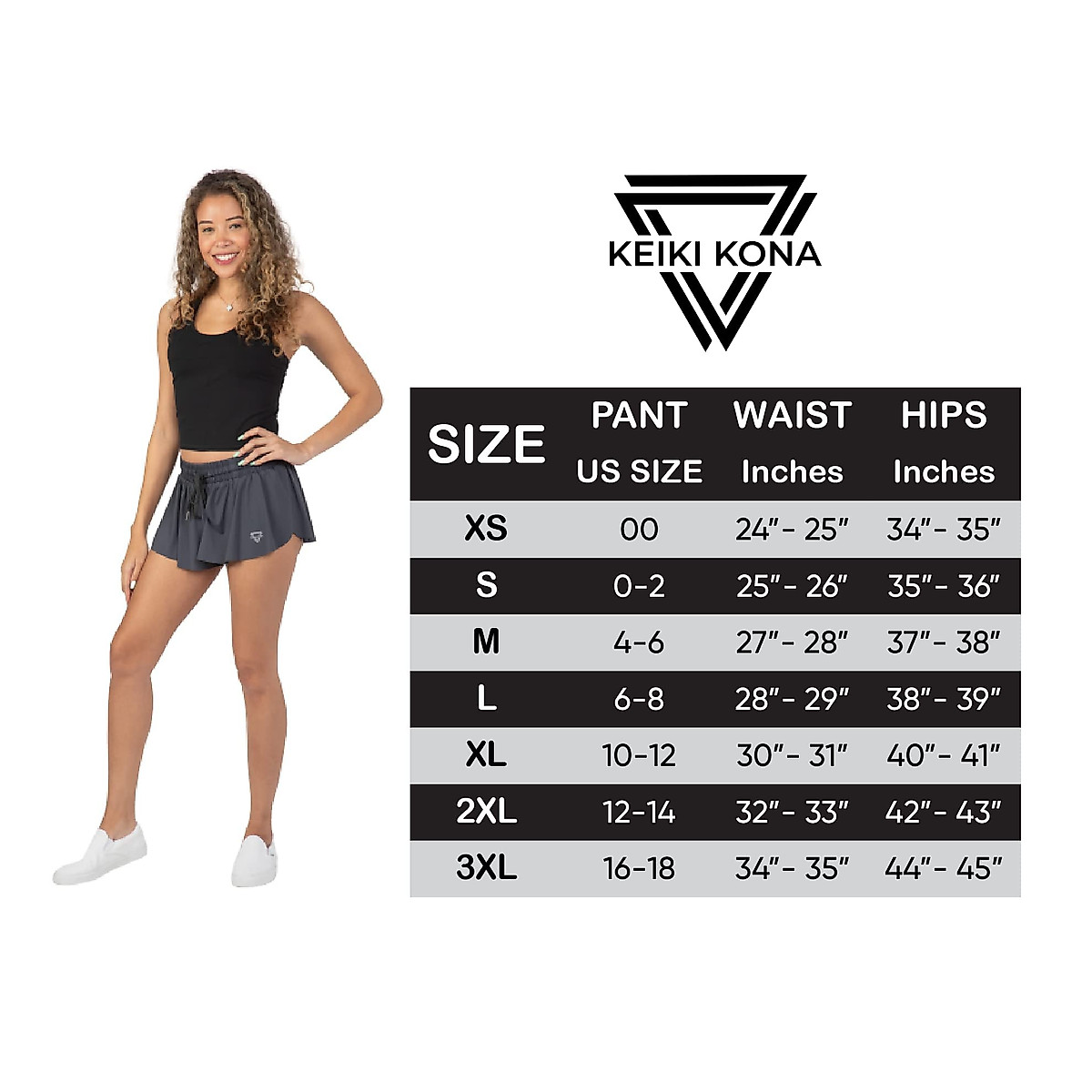 Keiki Kona 2-in-1 Flowy Fitness Shorts - Quick Dry Comfortable Workout Shorts with Drawstring (Black, Small)