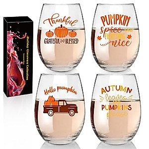 CNVOILA Fall Wine Glass Set: Stemless Drinking Glasses & Cups for Thanksgiving, Autumm Halloween Decor & Decorations, Pumpkin Mugs Cuos Perfect Fall Gifts 4pc