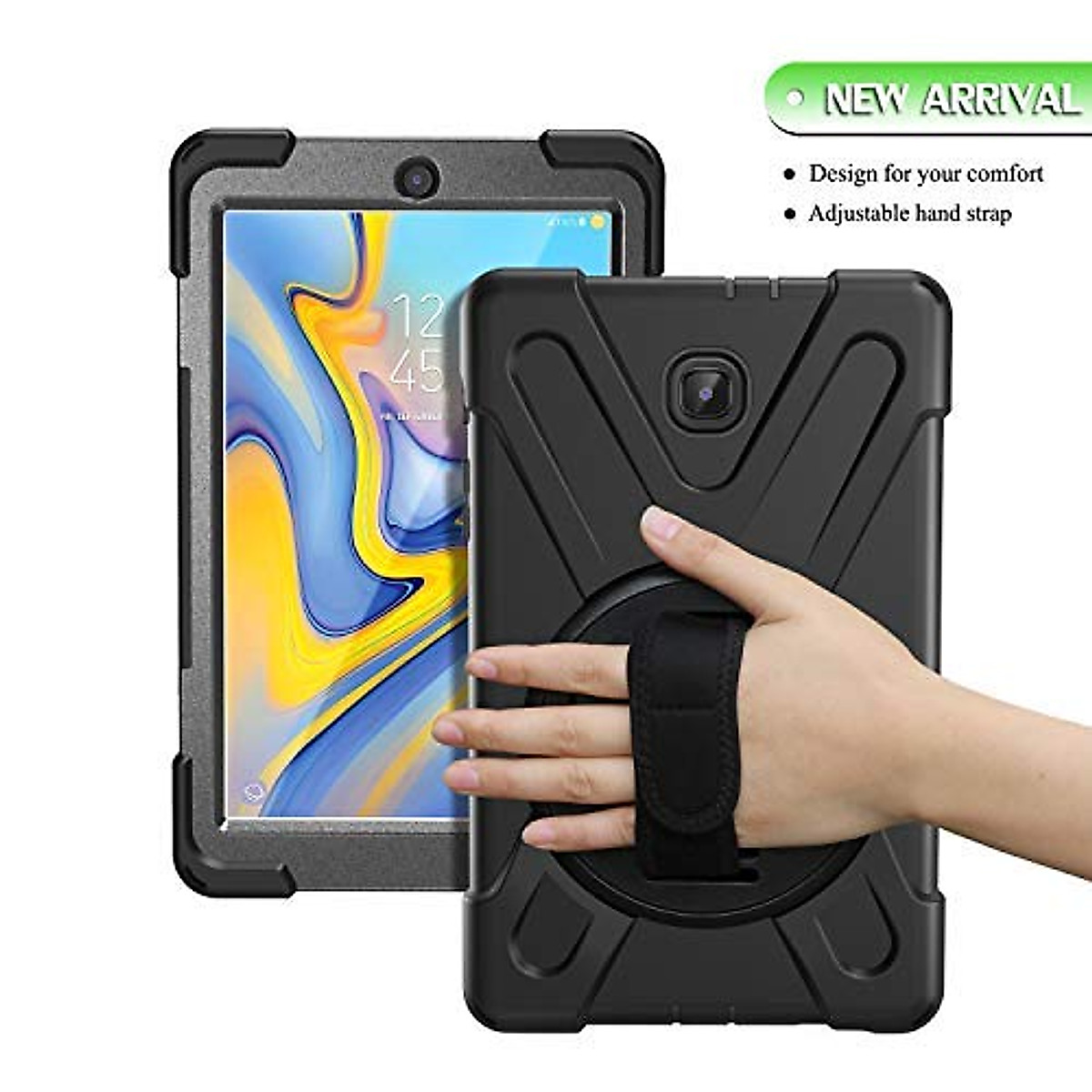 KIQ Shield Series for Samsung Galaxy Tab A 8.0 Case 2018, Shockproof 360 Rotatable W/Kickstand Hand Strap Shoulder Cover for Galaxy Tab SMT387v Tab A Verizon Case 8.0 (Black)