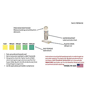 Very High Level Quaternary Ammonium (QAC, Multi Quat) Sanitizer Test Strips, 0-10,000 ppm [Vial of 50 Strips]