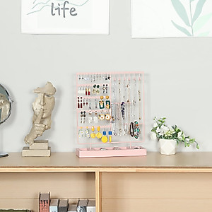 X-cosrack Earring Organizer Holder, 5-Tier Ear Stud Holder with Wooden Tray, Jewelry Towers for Earrings Necklaces Bracelets Watches and Rings,Earring Display Stand, Pink