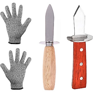 Oyster Shucking Knife Set , Oyster Knife Opener 2 Stainless Steel Oyster Knifes and 1 Pair Cut Resistant Gloves Oyster Opener Kit Oyster Opener with Wood-Handle Stainless Steel for Clam Shellfish and Seafood
