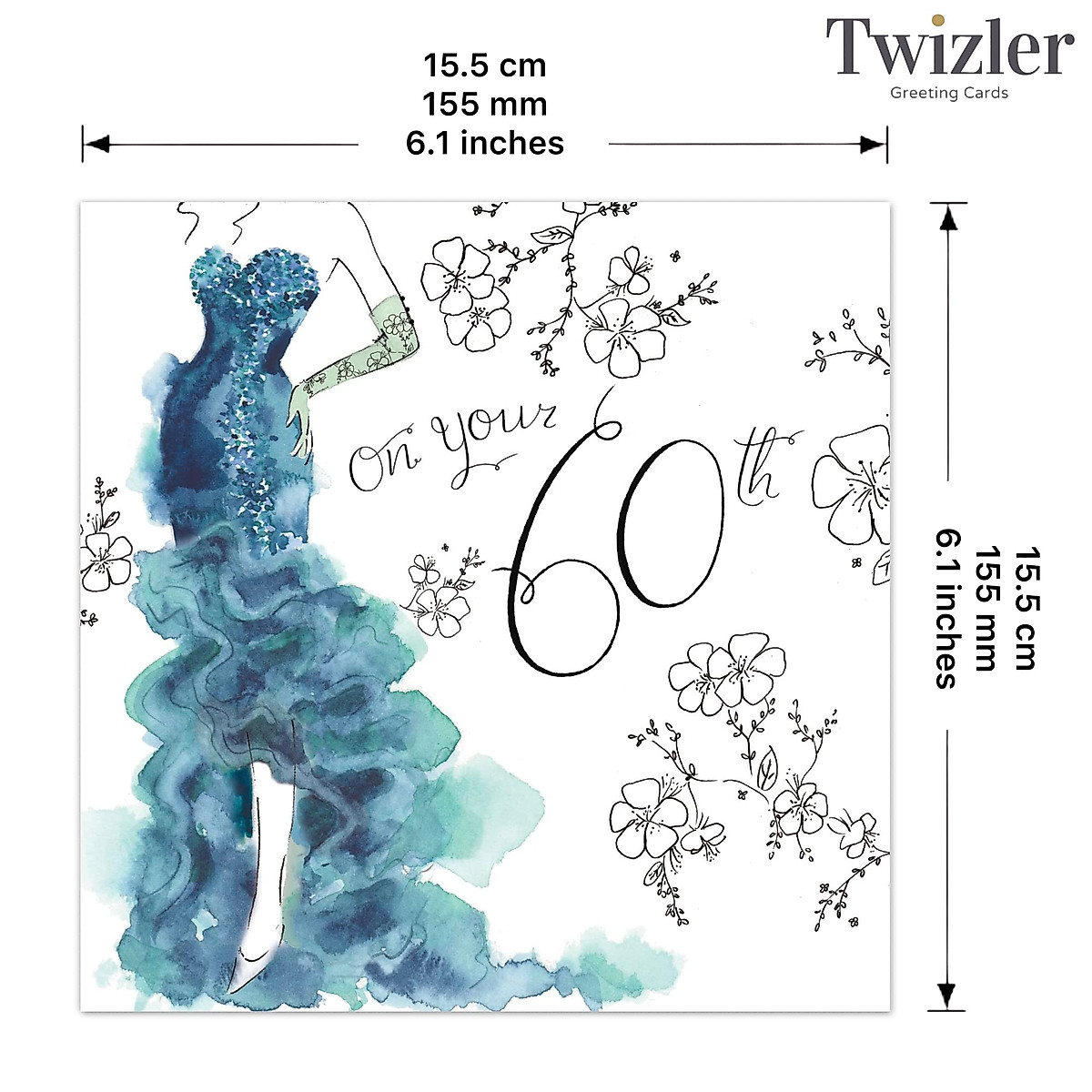 TWIZLER Happy 60th Birthday Card, Multicolor, 6.1 x 6.1 in