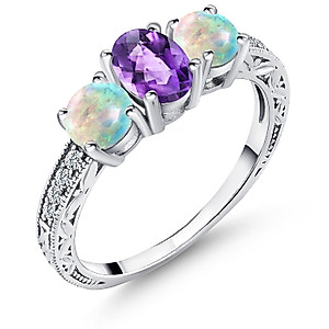 Gem Stone King 925 Sterling Silver Purple Amethyst and White Simulated Opal Engagement Ring For Women (1.87 Cttw, Oval Checkerboard Gemstone Birthstone, Available in size 5, 6, 7, 8, 9)