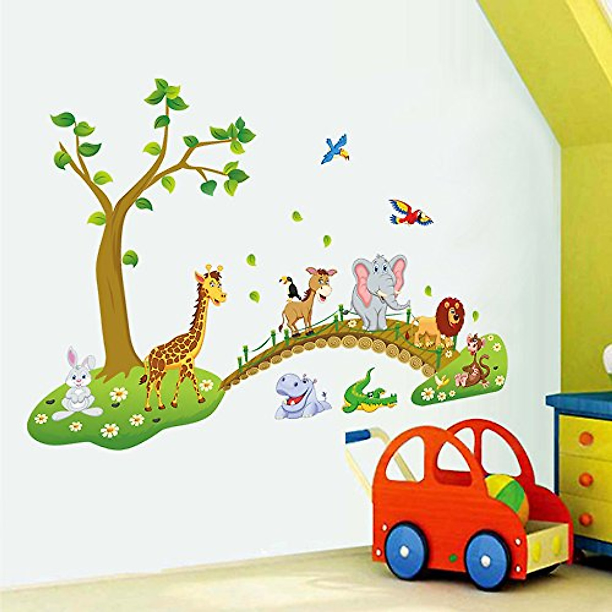 decalmile Jungle Animals Tree Wall Stickers Lion Giraffe Elephant Walking on Bridge Wall Decals Kids Room Baby Room Nursery Bedroom Wall Decor(Finished Size: 48.8 Inch x 31 Inch)