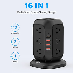 AiJoy Power Strip Tower 16.4 ft Cord & Power Strip with USB C Ports, USB Charging Station with Overload Protection, Living Room, Office, College Dorm