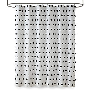 Madison Park Sophie Trendy Shower Curtain with Textured Pom-Poms Accent, Modern Bathroom Décor, Machine Washable Bath Privacy Screen, 72 in x 72 in, Black/White