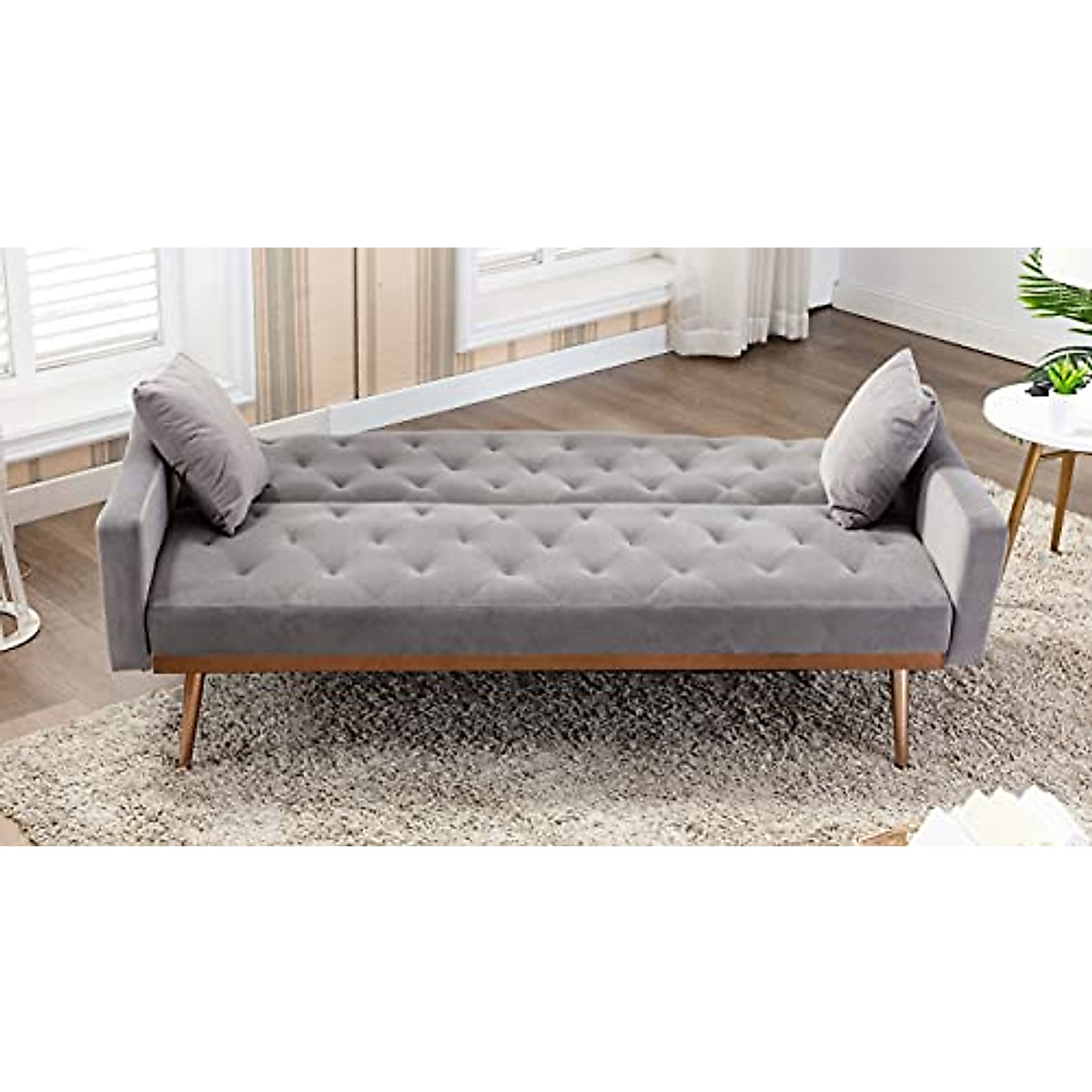 NOSGA Velvet Sofa, Convertible Loveseat Accent Sofa with Two Pillows, Modern Sleeper Sofa Couch Rose Gold Metal Feet for Living Room, Bedroom (Grey)