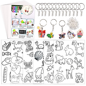 Natonhi Heat Shrink Plastic Sheets Kit 145Pcs Shrink Art Kit Including 20pcs Shrinky Paper Sheets 6pcs Traceable Picture Keychains Accessories- Perfect for Shrink Dink Sheets Crafts Making