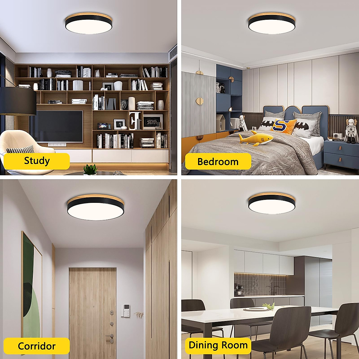 VIOLOEMI Modern Black Ceiling Light, Wood LED Close to Ceiling Lighting Fixtures, Round Flush Mount Ceiling Lamp for Kitchen Bedroom Bathroom Laundry Room Nursery Room Hallway（15.74 Inch）
