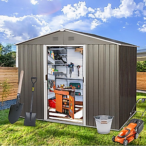 7'x5' Outdoor Metal Storage Shed with Floor Base, 4 Punched Vents and Pad-Lockable Sliding Doors, Tool House w/Eco-Friendly Painting, Waterproof&UV Resistant, for Backyard, Lawn, Patio, Gray