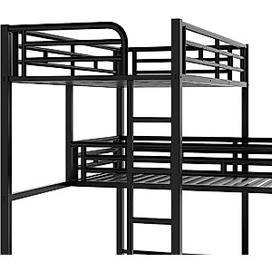DNYN Twin Over Twin Triple Bunk Bed,L-Shaped Metal Bunkbeds with Safety Guardrails & Ladder,3 in 1 Sturdy Steel Bedframe,No Box Spring Needed & Space Saving Deisn, Black