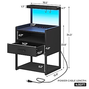 VIAGDO Nightstand with Charging Station and LED Lights, Black Night Stand with Drawer, Modern End Side Table with Open Storage Shelves, Bedside Tables for Bedroom, Office