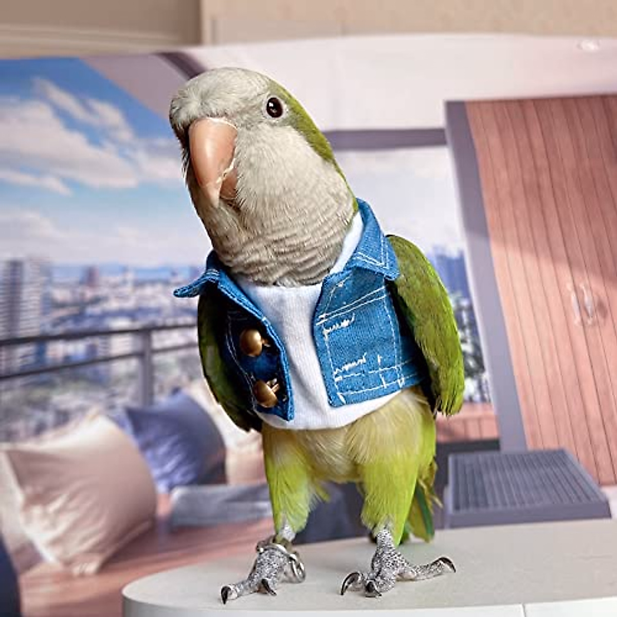 WCDJOMOP Bird Clothes - Handmade Cotton Denim Jacket Shirt with Bronze Button Flight Suit for Parrots African Greys Parakeet Cockatiel Sun Conure Parrot Cosplay Apparel Bird Supplies (L)