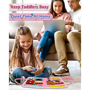 Exorany Busy Board Montessori Toys for Toddlers Sensory Toys Gifts for 1 2 3 4 Year Old Girls & Boys Preschool Toddler Activities Educational Travel Toy Learning Basic Dress Skills (Pink)