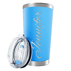 Personalized Tumbler with Engraved Name - 12 Designs, 20 Oz Coffee Tumbler with Slider Lid, Sky Blue, Double Wall Insulated - Custom Gifts for Women